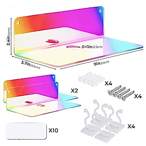 NiHome Iridescent Floating Shelves with Cable Clips - Set of 2, Small Wall-Mounted Acrylic Rainbow Display Racks for Stylish Home Storage in Bedrooms, Bathrooms, Living Rooms, Game Rooms and Offices