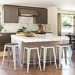 Alunaune 26" Metal Bar Stools Set of 4 Industrial Backless Counter Height Barstools Stackable Kitchen Patio Stool Wood Top-White