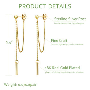 Dainty 18K Gold Plated Chain Earrings for Women - Long Threader Earring with Hypoallergenic Bar Drop Dangle Design, Elegant Line Dangly Jewelry Gift