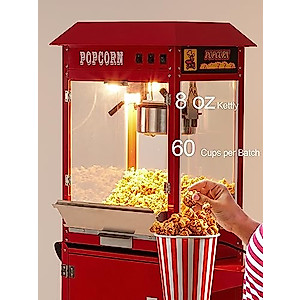 Garvee Commercial Popcorn Machine with Stand - Professional Cart Popcorn Maker Machine With 8 Oz Kettle Makes Up to 60 Cups, With Lockers for Home Movie Theater Style 34.3 * 19.3 * 31 inches