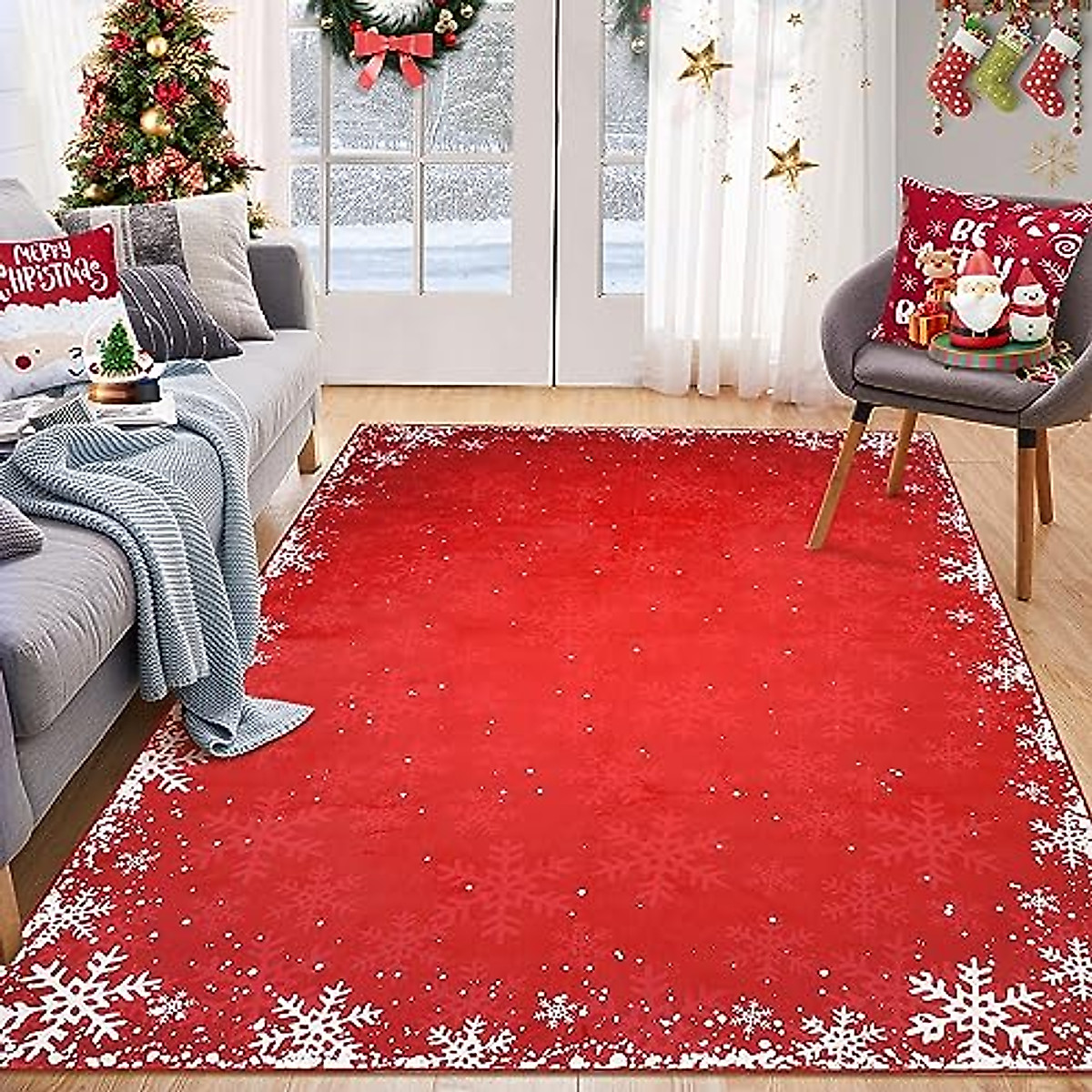 RUGSREAL Christmas Snowflake Area Rug Red Boho Area Rug Non-Slip Indoor Floor Carpet Washable Xmas Decorative Throw Rug Small Merry Christmas Rug for Bedroom Living Room Kitchen Nursery, Red 3' x 5'