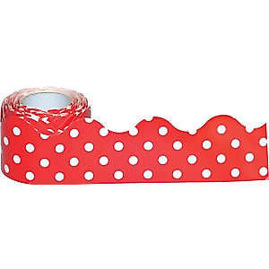 Teacher Created Resources Red Polka Dots Scalloped Rolled Border Trim - 50ft - Decorate Bulletin Boards, Walls, Desks, Windows, Doors, Lockers, Schools, Classrooms, Homeschool & Offices