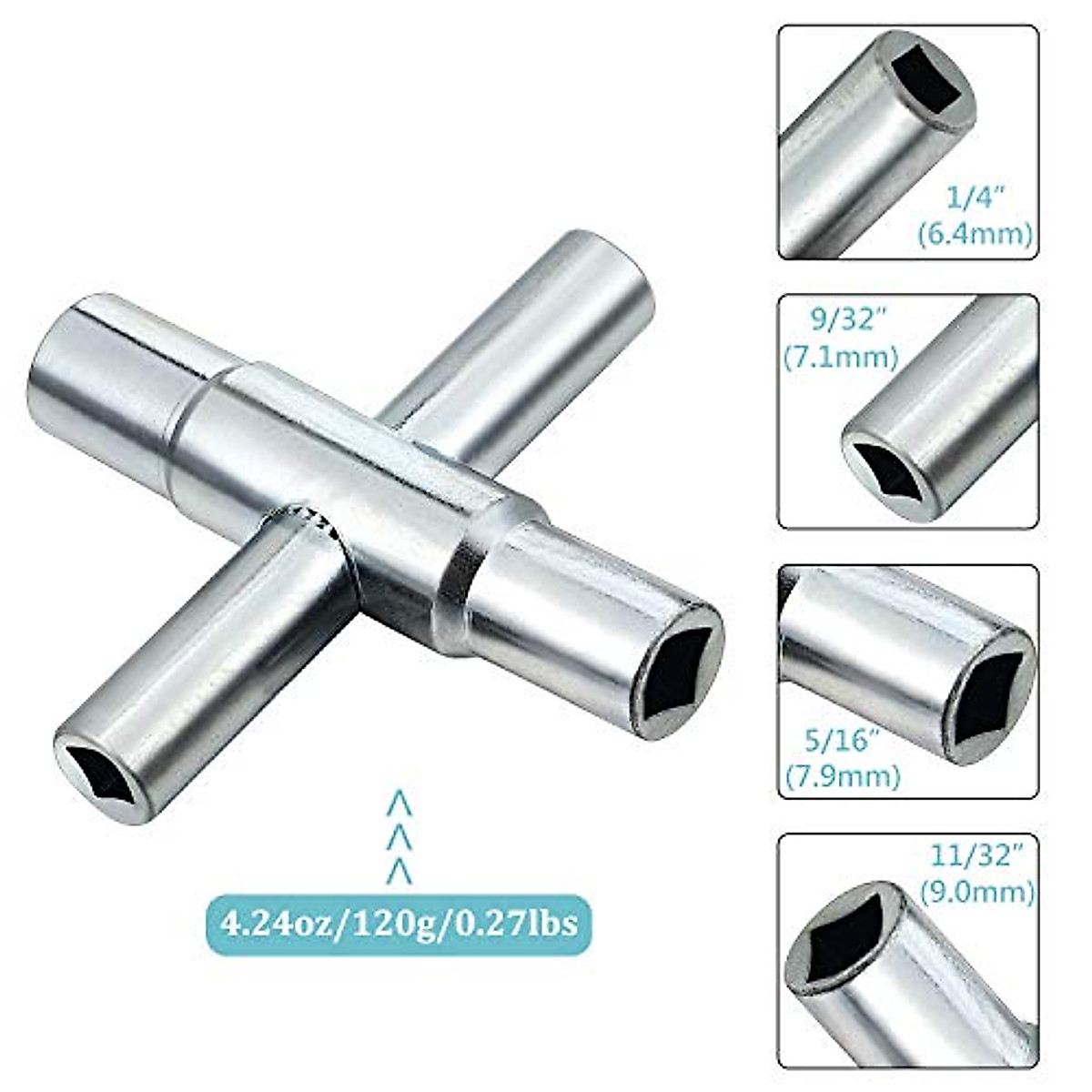 Mudder 4 Way Sillcock Key Plated Steel Water Keys with 4 Way Utility Gas Meter Keys Faucet Wrench Tool for Opening and Closing Sillcock or Spigots (Silver)