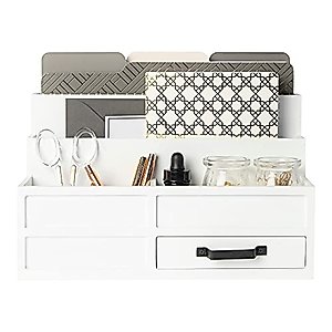 Blu Monaco White Desktop Organizer with Drawer & Pen Holder - Desk Organizers and Storage - Paper Organizer - Wood Bill Organizer for Desk - Mail Holder for Office Desk Organization Art Supply Storage