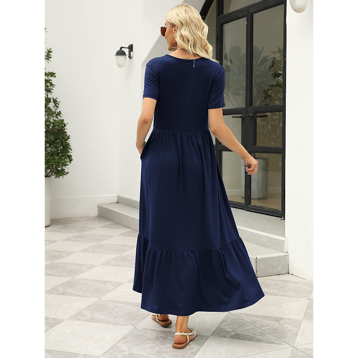 LILLUSORY Womens Short Sleeve Crew Neck Tiered Flowy Swing Midi Dresses with Pockets Navyblue