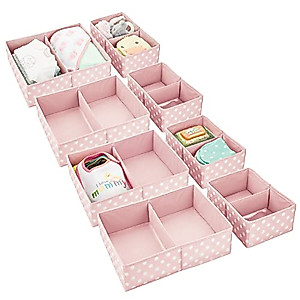 mDesign Fabric Drawer Organizer Bins, Kids/Baby Nursery Dresser, Closet, Shelf, Playroom Organization, Hold Clothes, Toys, Diapers, Bibs, Blankets, Set of 2, 4 Pack, Pink/White Polka Dot
