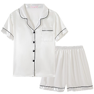 Vopmocld Big Kids Unisex Pjs Set Girls Boys Silk Pajama Sets Satin Clasic Sleepwear Summer 2 Pieces Button Down Nighty, White, 14