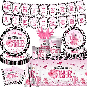 Western Cowgirl Birthday Party Decoration,142Pcs Pink Disco Cowgirl 1st Tableware Set I’m One Cowgirl Plates Napkins Cowgirl Tablecloth for My First Rodeo Let’s Go Cowgirl 1st Baby Shower Decoration