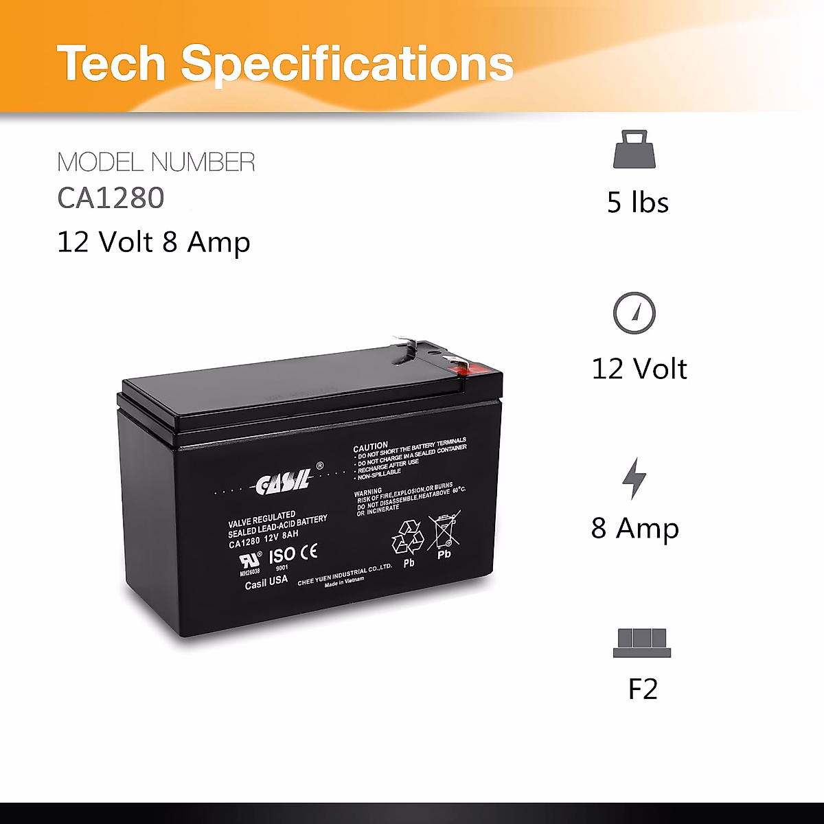 Casil Goldtop GT12080-HG 12v 8ah Battery for Fios F2 CA1280