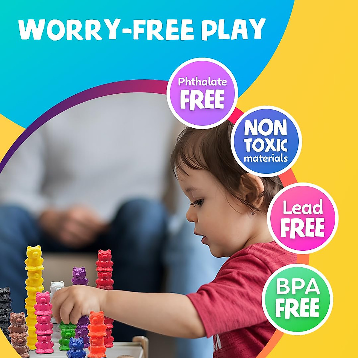 Skoolzy Rainbow Stacking Bears with Matching Sorting Cups 69 Piece Set, 60 Bear counters, Scissor Tongs, Rainbow Cups, Storage Bag, Sorting dice Game