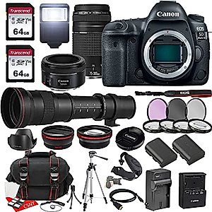 Canon EOS 5D Mark IV DSLR Camera w/EF 50mm f/1.8 STM Lens + 75-300mm F/4-5.6 III Lens + 420-800mm f/8.3 HD Manual Telephoto Lens + 2X 64GB Memory + Hood + Case + Filters + Tripod + More (35pc Bundle)