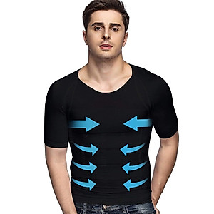 Odoland Men's Body Shaper Slimming Shirt Tummy Vest Thermal Compression Base Layer Slim Muscle Short Sleeve Shapewear, Black XXL