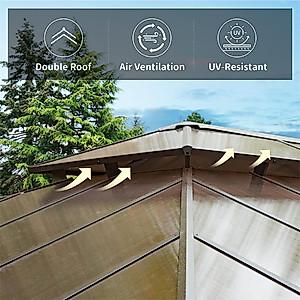 RITSU 10'x12' Gazebo, Hardtop Permanent Outdoor Gazebo with Polycarbonate Double Roof, Aluminum Canopy Pavilion with Curtain and Net for Garden, Patio, Lawns, Deck, Backyard