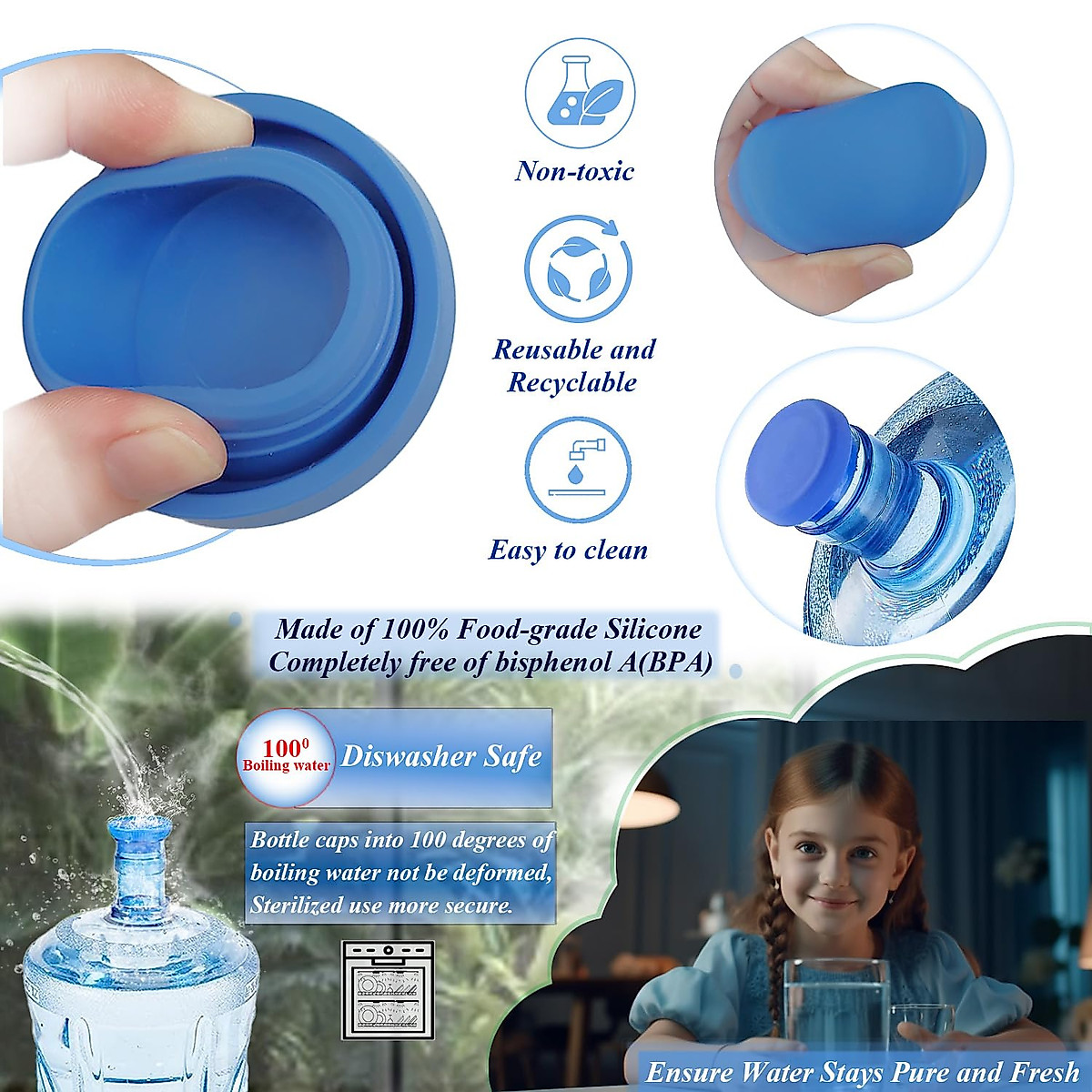 5 Gallon Water Jug Caps Reusable, Fit 55mm bottle openings, Anti-Splash, No-Spill, Leak Proof and Air Tight, 4 Pack