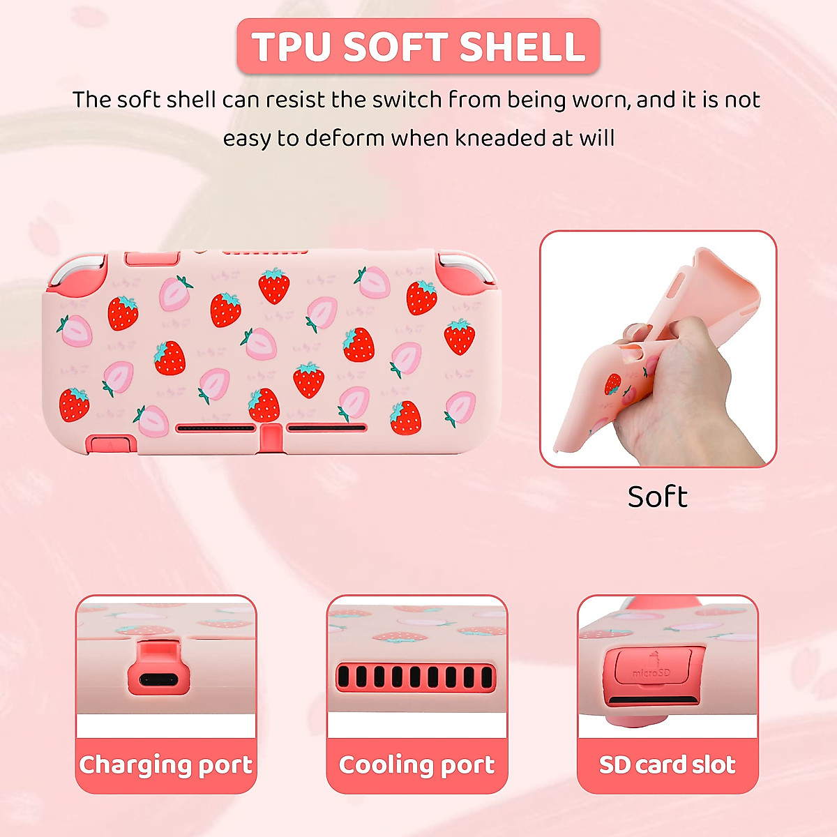FUNDIARY Pink Carrying Case for Nintendo Switch Lite Accessories, Travel Case Bundle for Switch Lite with Soft TPU Cover, Adjustable Shoulder Strap, Screen Protector and 2 Thumb Caps - Strawberry