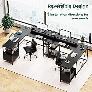Huuger L Shaped Desk with Power Outlets & LED Lights, Reversible Computer Desk with Storage Shelves & File Cabinet, Corner Desk Home Office Desk, Black