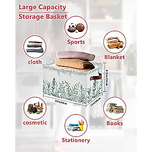 ARTtikke Storage Bins Clothes Organizer Sage Green Blue Leaves Spring Storage Cubes Bin with Handles,Foldable Storage Boxes for Closet,Storage Basket for Organizing Shelves 15x11x9.5 inch