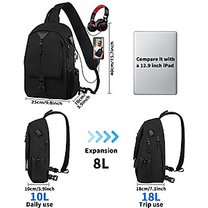 Crossbody Sling Bag for Men, 18L Expanded Sling Backpack with USB Port, Water Resistant Travel Hiking Daypack with Phone Pocket, Lightweight Shoulder Bag for Travel Camping Hiking Outdoor Sports