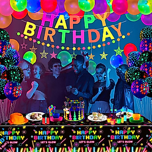 80 Pack Glow Neon Party Supplies Glow Party Decorations Black Light Reactive Decor Set - Fluorescent Banner, BlackLight Garland, Hanging Stars, Glow in The Dark Balloons, Neon Tablecloth, Cake Toppers