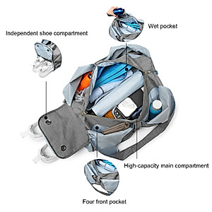 Y.U.M.C. Travel Yoga Gym Bag for Women, Carrying Workout Gear, Makeup, and Accessories, Shoe Compartment and Wet Dry Storage Pockets（Medium，Grey）