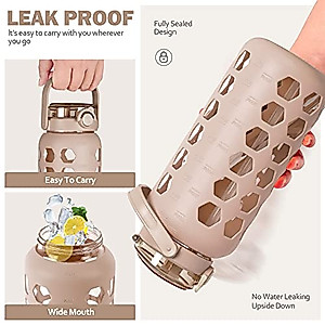 MUKOKO Half Gallon/64 oz Glass Water Bottles with Straw and Lid,Motivational Water Jug with Time Marker Reminder and Silicone Sleeve,100% Leakproof BPA Free Fitness Sports Large Bottle-Amber