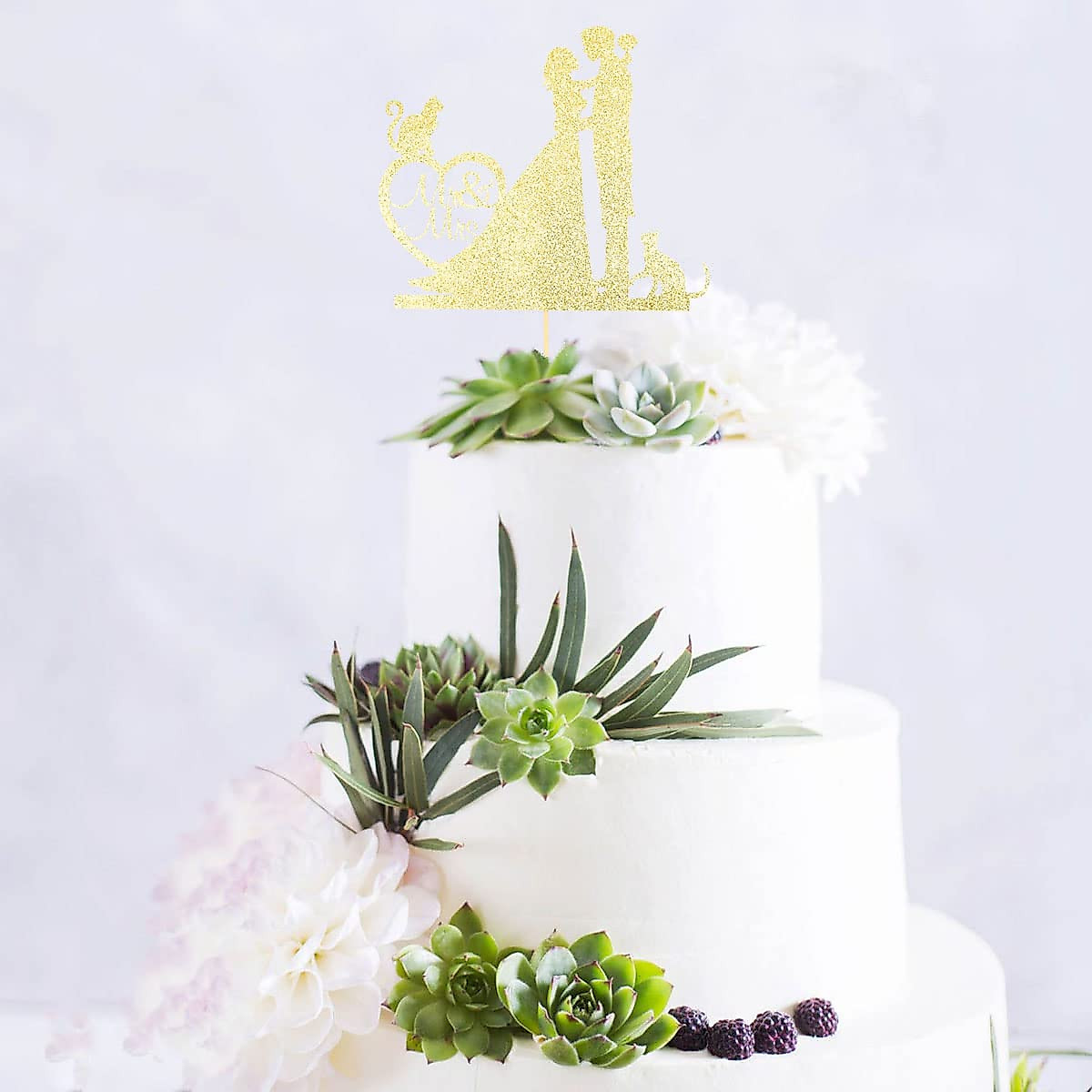 Mr and Mrs Cake Topper, Bride and Groom with Cats Silhouette Wedding Cake Decors, Cats Pet Party Decorations, Gold Glitter