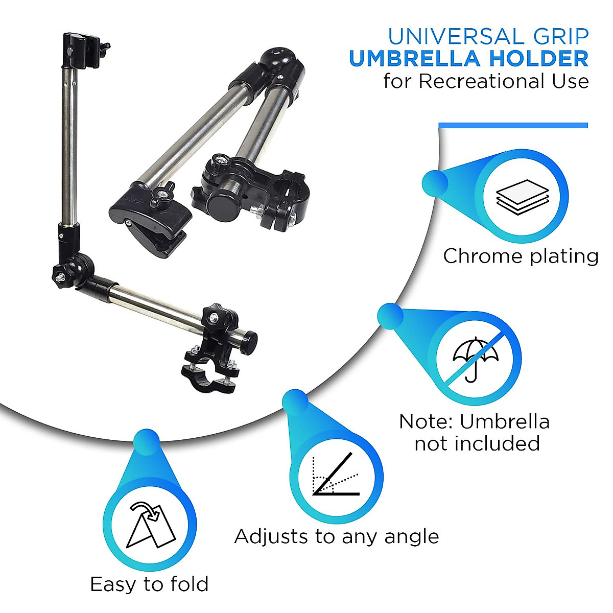 AlveyTech Universal Grip Umbrella Holder for Bike - 360° Angle Adjustable Attachment Clamp Mount Connector, for Bicycle Kick Scooter Baby Stroller Golf Cart Chair, use Beach Sport Sun Shade Outdoor