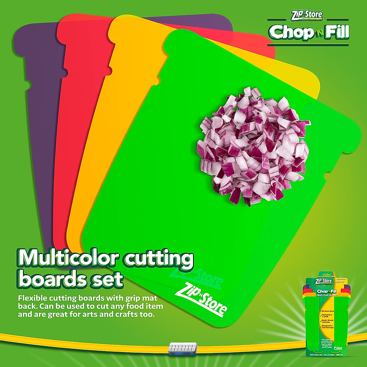 Zip-n-Store - Chop-n-Fill - Flexible Chopping Mats, BPA-Free, Non-Slip, Dishwasher-Safe - Multipurpose Kitchen Cutting Boards - Set of 5