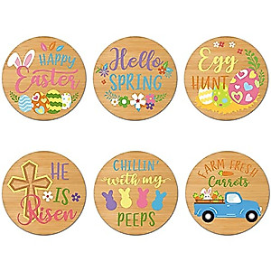Easter Wood Drink Coasters Set Happy Easter Spring Festival Theme Gift Easter Bunny Eggs Carrots Decor Round Bamboo Coasters for Tabletop Protection Cup Glass Bottle Mat Heat Resistant Set of 6