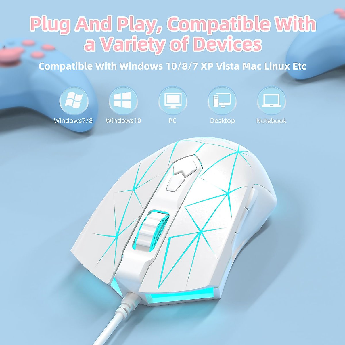 FELICON RGB Lightweight Gaming Mouse, Programmable 7 Buttons, Ergonomic LED Backlit USB Gamer Mice Computer Laptop PC, for Windows Mac OS Linux(Star White)