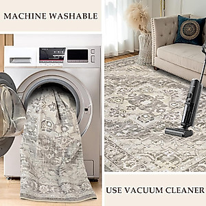 Pauwer Boho Area Rug 5x7, Large Washable Area Rugs for Living Room, Soft Vintage Bedroom Rug Carpet, Farmhouse Non Slip Low-Pile Throw Area Rugs for Dining Room Entryway Dorm, Natural Brown Sage