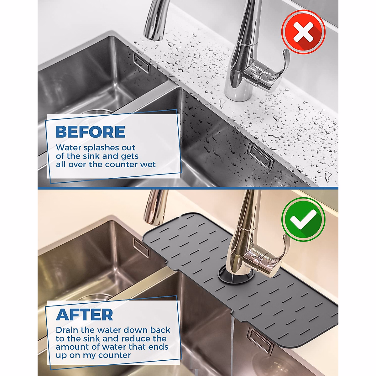 Kitchen Sink Splash Guard - 18 inch Silicone Faucet Handle Drip Catcher Tray, Dish Soap Sponge Holder Mat Behind Faucet, Kitchen Gadgets Sink Accessories Drying Mat Sink Caddy Organizer for Kitchen