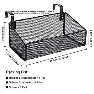 Bedside Shelf for Bed & Bunk Bed Storage Basket Office Cubical Wall Hanging Organizer - 5 Different Size Hooks - College Dorm Home Office Essentials for Phone,Book,Drink,Tissue (Black)