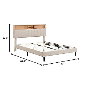 Merax Modern Upholstered Bed Frame with Storage Headboard and USB Port Wood Platform Bed No Box Spring Needed/Space Saving Queen, Beige