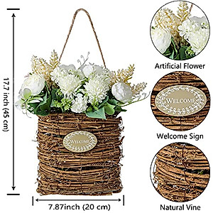 Spring Wreath Spring Front Door Decor Spring Flowers Basket Spring Welcome Sign Porch Farmhouse Spring Artificial Flowers Wedding Home Decor (White)