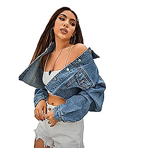Floerns Women's Casual Drop Shoulder Ripped Crop Denim Jacket Deep Blue M