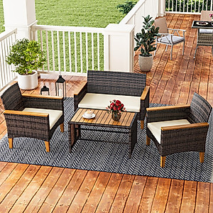 YITAHOME Wooden Armrest 4-Piece Patio Furniture Set, All-Weather Outdoor Furniture Rattan Wicker Conversation Set with Wooden Side Table, Wooden Armrests &Feet and Soft Cushions, Brown+Beige