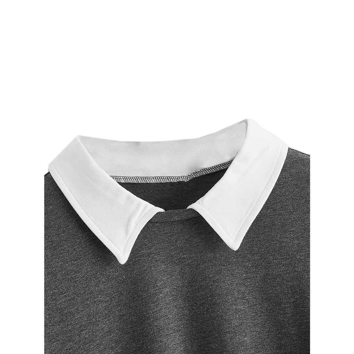 SweatyRocks Women's Contrast Collar Drop Shoulder Casual Long Sleeve Pullover Sweatshirt Tops Grey XL