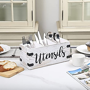 MyGift Whitewashed Solid Wood Flatware and Utensil Holder with Metal Corner Accents with 3 Compartments and Cursive UTENSILS Design