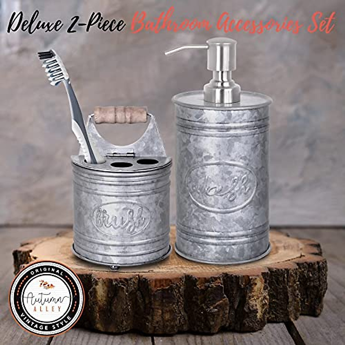 Autumn Alley Rustic Bathroom Accessories Set - Farmhouse Bathroom Soap Dispenser and Toothbrush Holder Set - Western Bathroom Accessories, Farmhouse Decor for Bathroom Countertop, Galvanized Grey