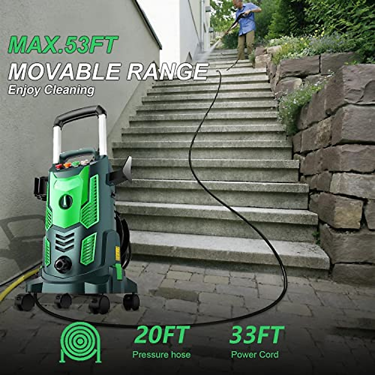 Suyncll Electric Pressure Washer - 2.2GPM Power Washers Electric Powered with 360° Spinner Wheel, 5 Quick Connect Nozzles, 500ML Foam Cannon, Total Stop System Cleans Cars/Fences/Patios, 1800W(Green)