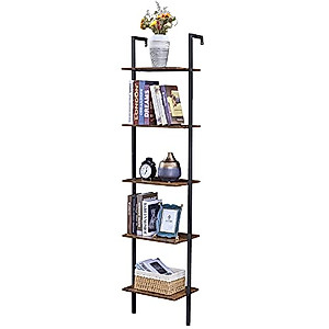 Tajsoon Industrial Bookcase, Ladder Shelf, 5-Tier Wood Wall Mounted Bookshelf with Stable Metal Frame, Open Display Rack, Storage Shelves for Bedroom,Home Office,Collection,Plant Flower, Rustic Brown