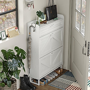 Furniouse Shoe Storage Cabinet with 2 Flip Drawers & 1 Drawer, Shoe Cabinet, Freestanding Shoe Cabinet Shoe Cabinet Storage with Mental Legs for Entryway, Slim Shoe Cabinet Off White