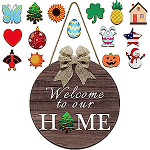 Interchangeable Seasonal Welcome Sign Halloween Front Door Decor Rustic Wood Welcome to Our Home Sign Wall Hanging Porch Decoration for Halloween Christmas Fall Winter Thanksgiving Holiday (Brown)