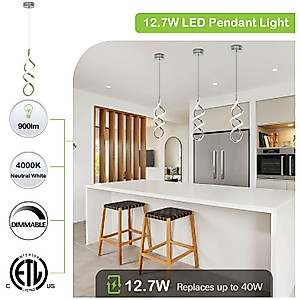 Pendant Light, Integrated LED Kitchen Lighting, 12.5W(40 Watt Equivalent), CRI 90+, with Chromed Finished, ETL Listed, Ceiling Pendant Light Fixture for Kitchen Island Restaurant Kitchen Sink, 3 Pack