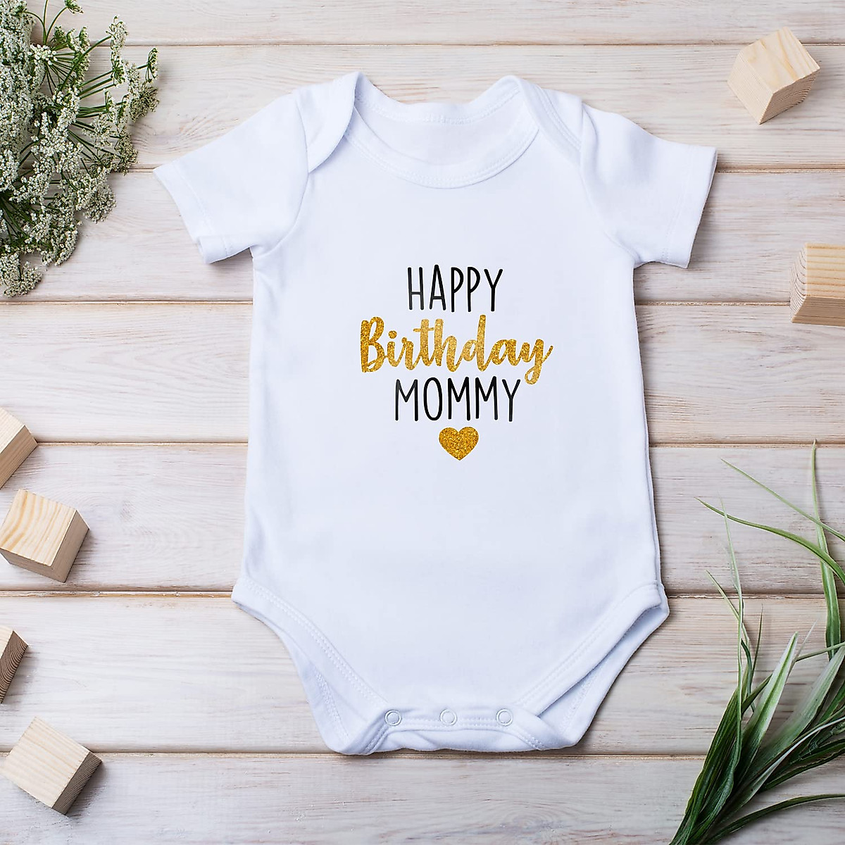 Organic GOTS Certified Baby Onesie Unisex Bodysuit 0-18 months - Happy Birthday | Present Gift (Gold - Happy Birthday Mommy, 0-3 Months)