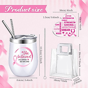 7 Pcs Breast Cancer Gift for Women Pink Ribbon Survivor Present 12 oz Breast Cancer Awareness Tumbler Coffee Mug with Lid Brush Straws Keepsake Raffia Grass Gift Bag Inspirational Gifts for Patients