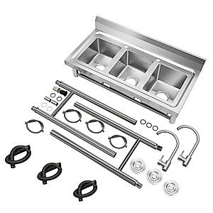 LENJKYYO 3 Compartment Sink, Stainless Steel Kitchen Sink Laundry Tub Culinary 99”Lx46”Wx91”H Sink Commercial Grade for Restaurant/Kitchen/Laundry/Utility Room