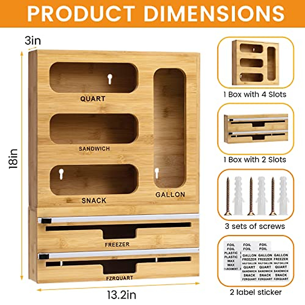 KitchenTell Ziplock Bag Organizer Bags - 6 in 1 Storage Bag Organizer Foil Kitchen Drawer, Plastic Bag Organizer for Drawer, Ziplock Bag Holder for Filing, Wooden Sandwich Bag Organizer