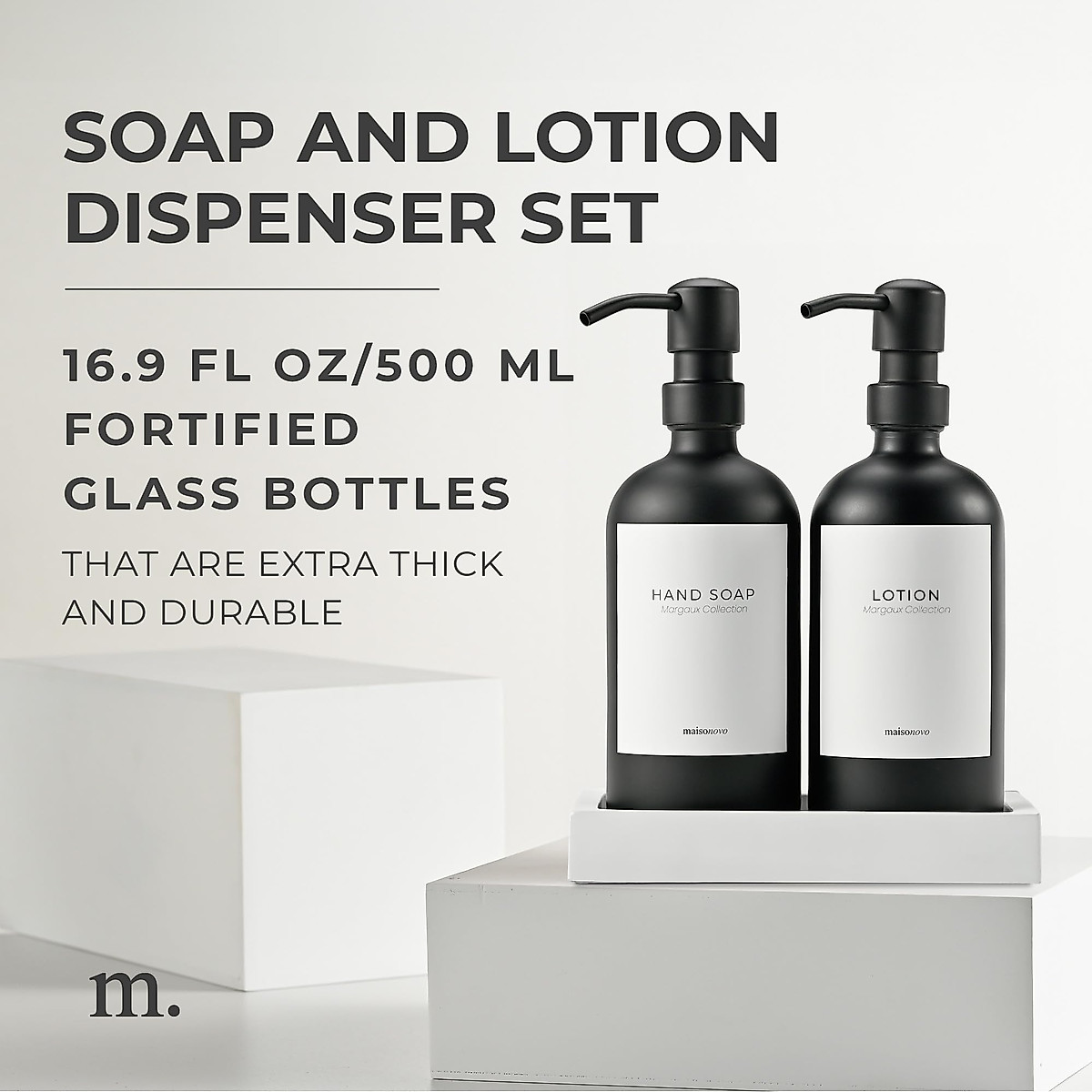 MaisoNovo Soap Dispenser 3-Piece Set | 16.9oz Black Bottles with Black Stainless Steel Pumps